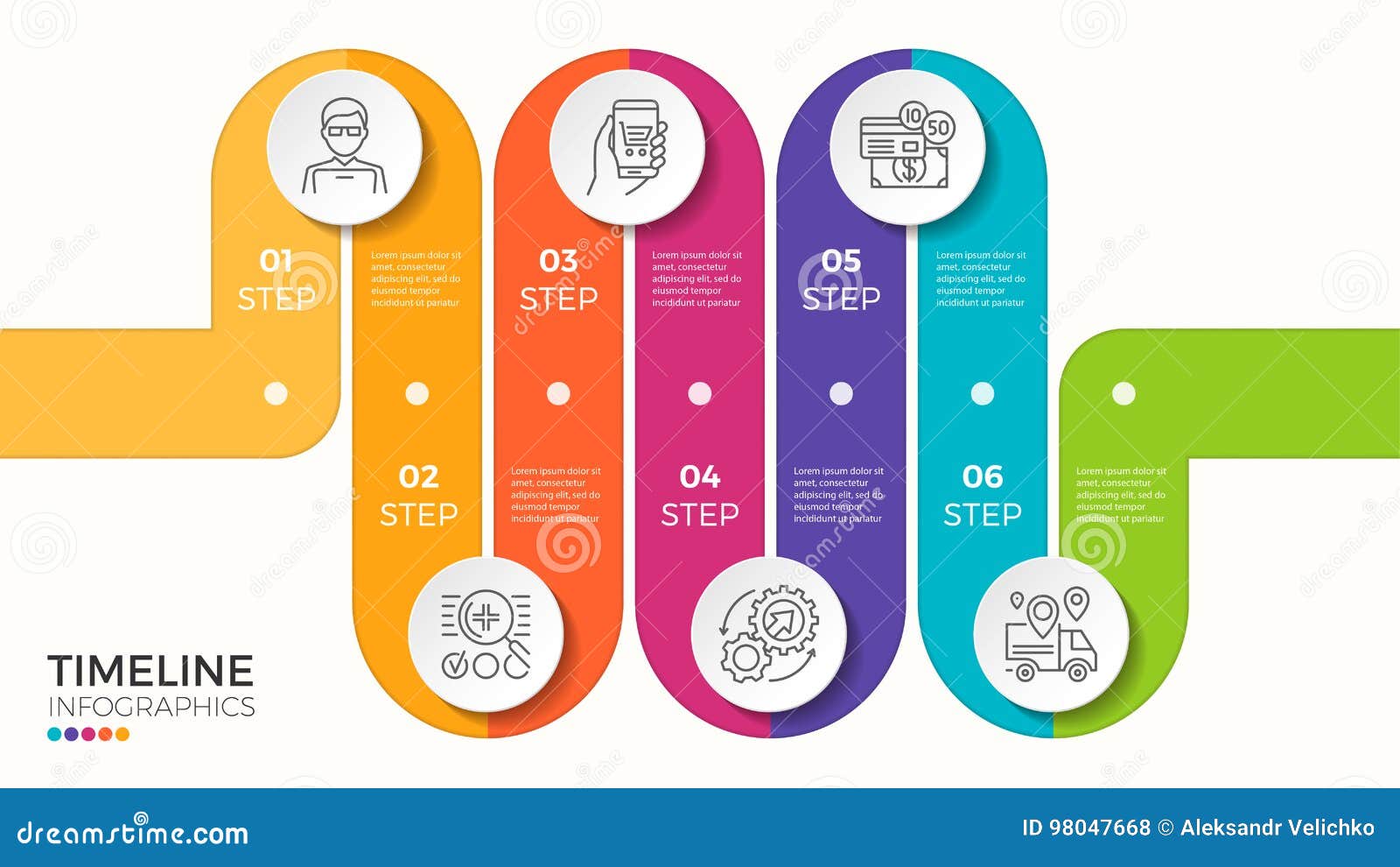 Vector 6 Steps Winding Colorful Timeline Infographic Template Stock ...
