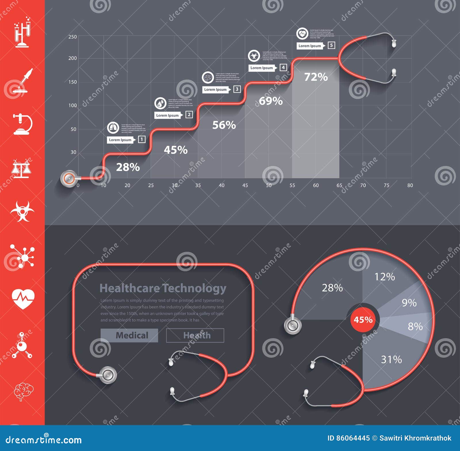 Vector Stethoscope Heart With Dashboard Template Graphs Design ...