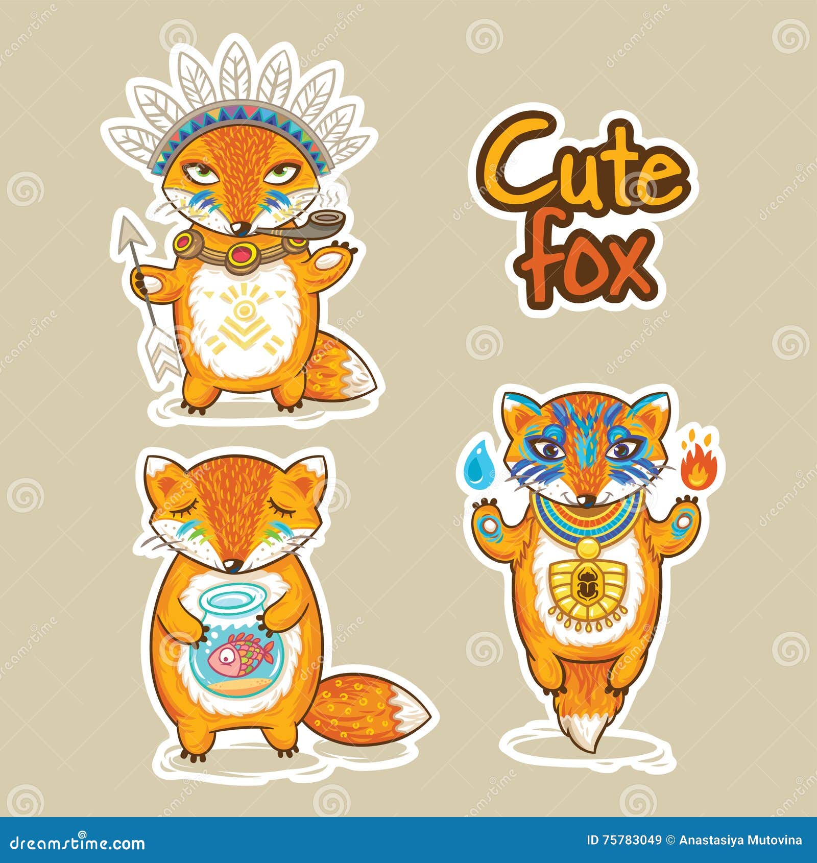 Vector Sticker Set with Little Fox Characters Stock Vector ...