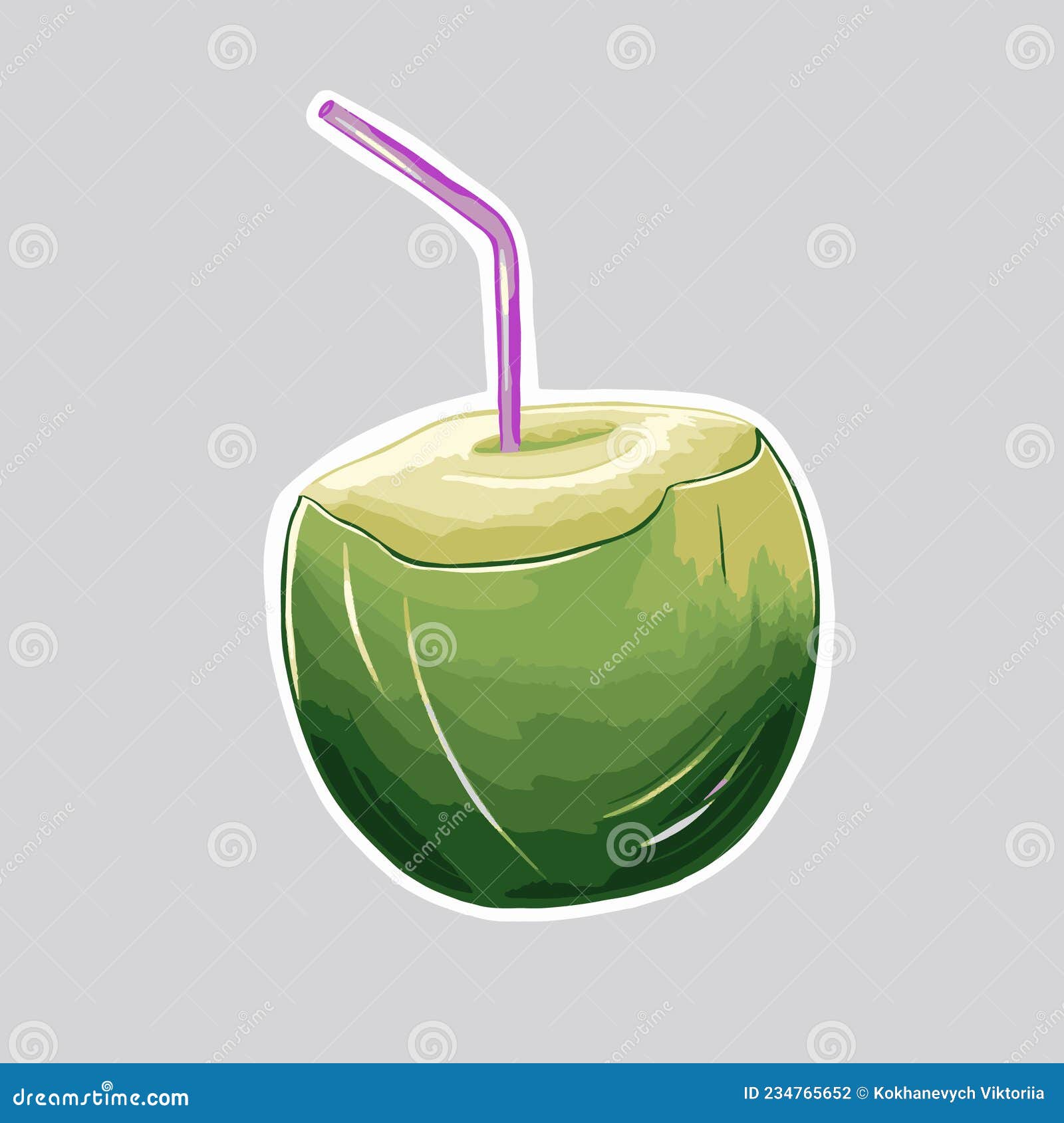 A Vector Sticker With A White Rim On Which A Coconut Fruit With A Straw ...