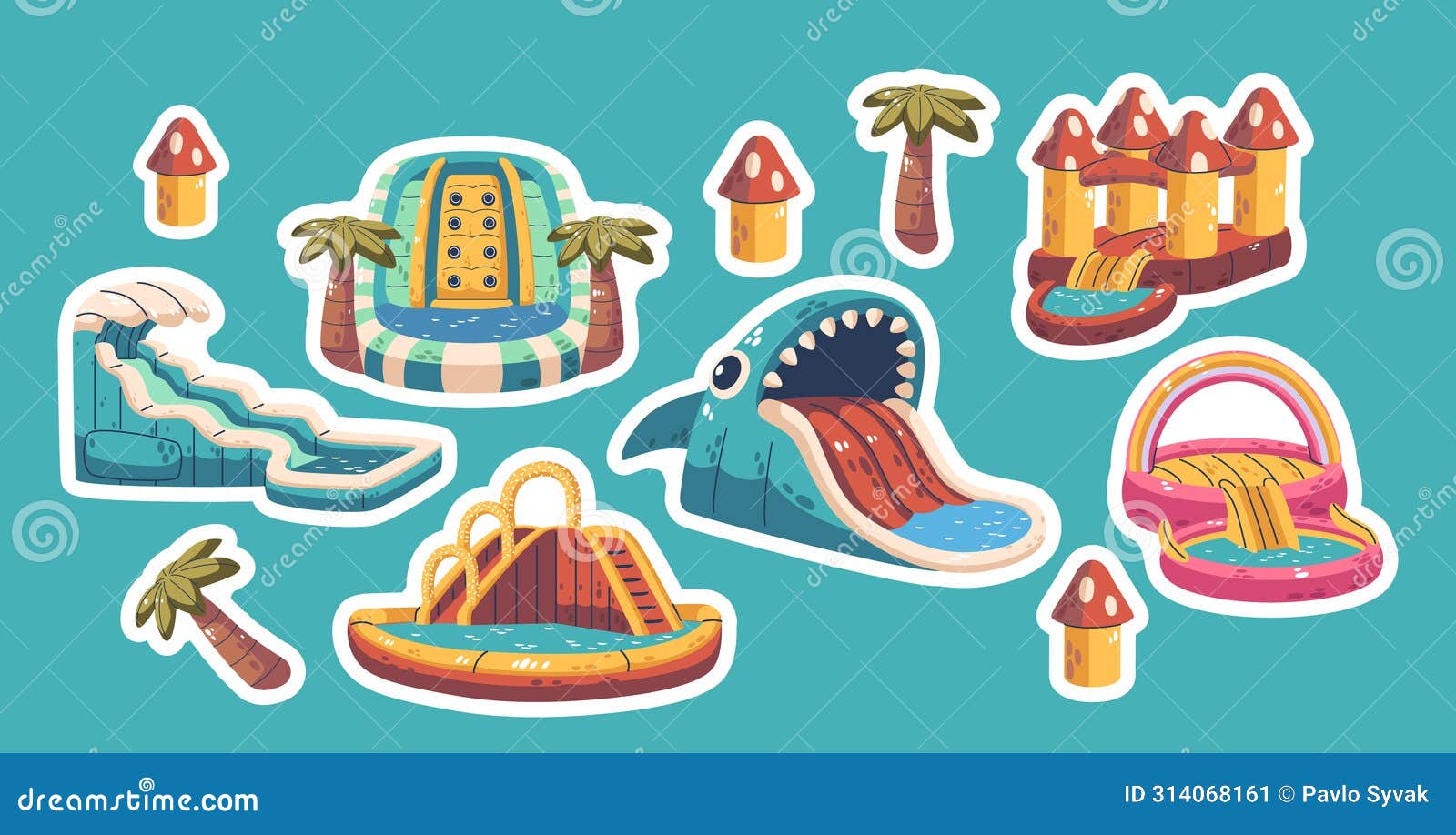 Vector Stickers Set of Inflatable Slides with Pools. Large, Cartoon Air ...