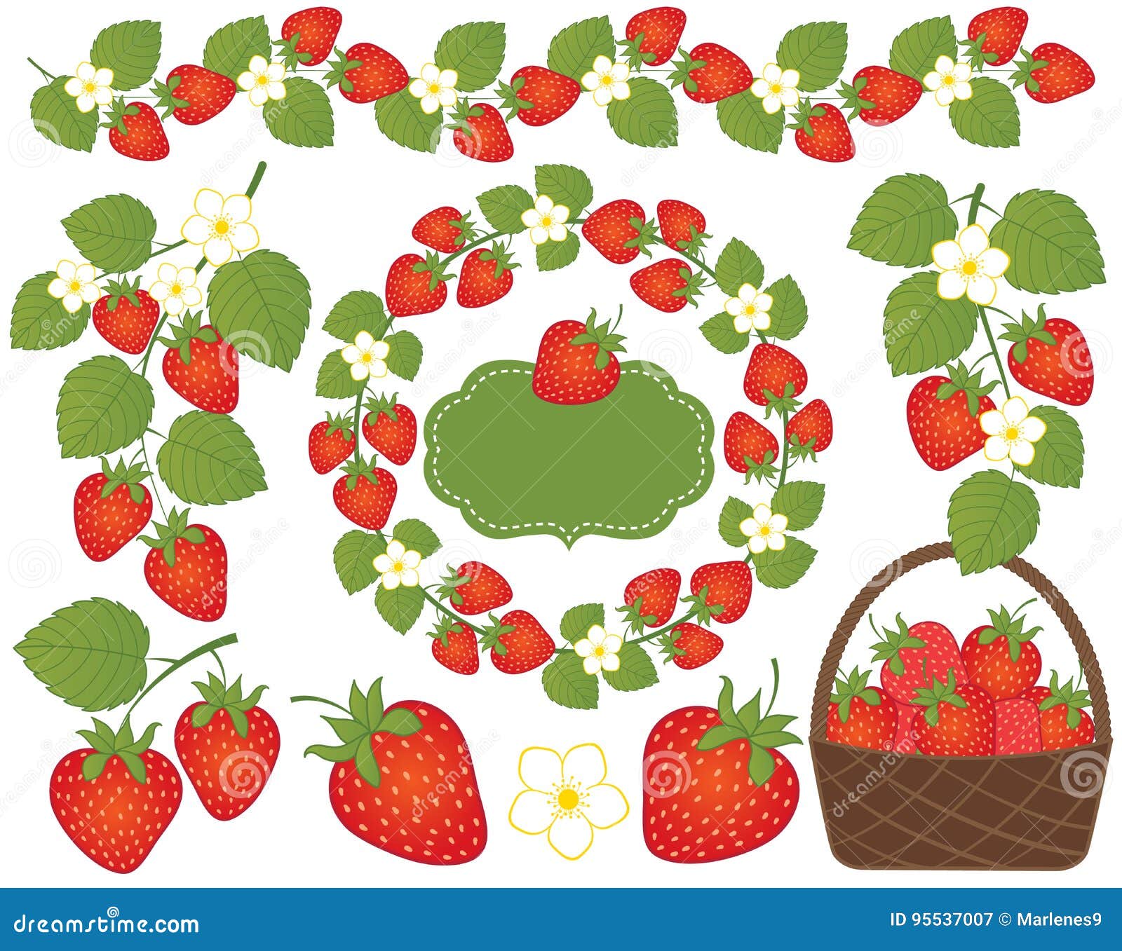 Vector Strawberries Set Included Basket, Wreath, Frame and Flowers ...
