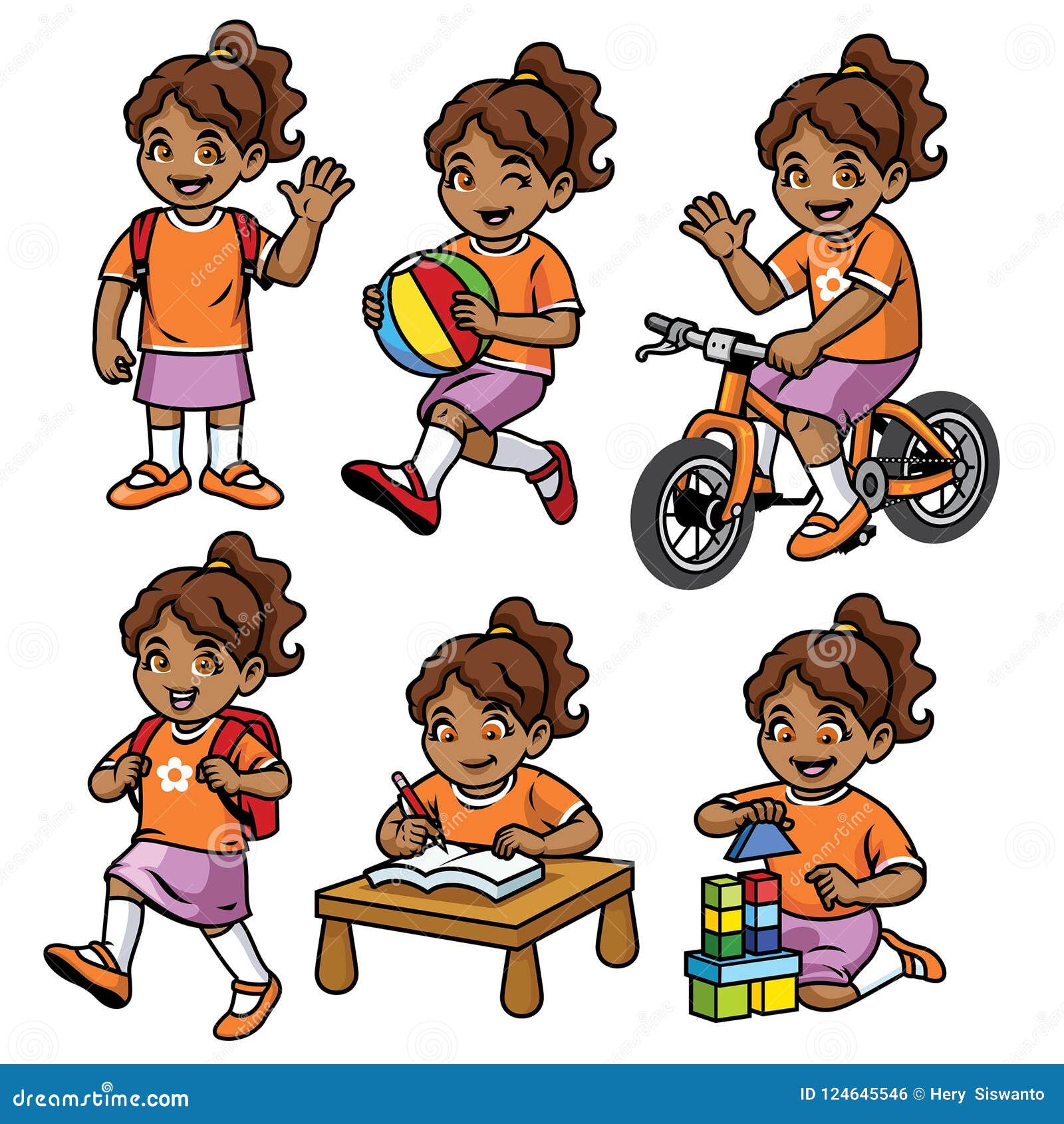 Student Girl Set in Various Pose and Activity Stock Vector ...