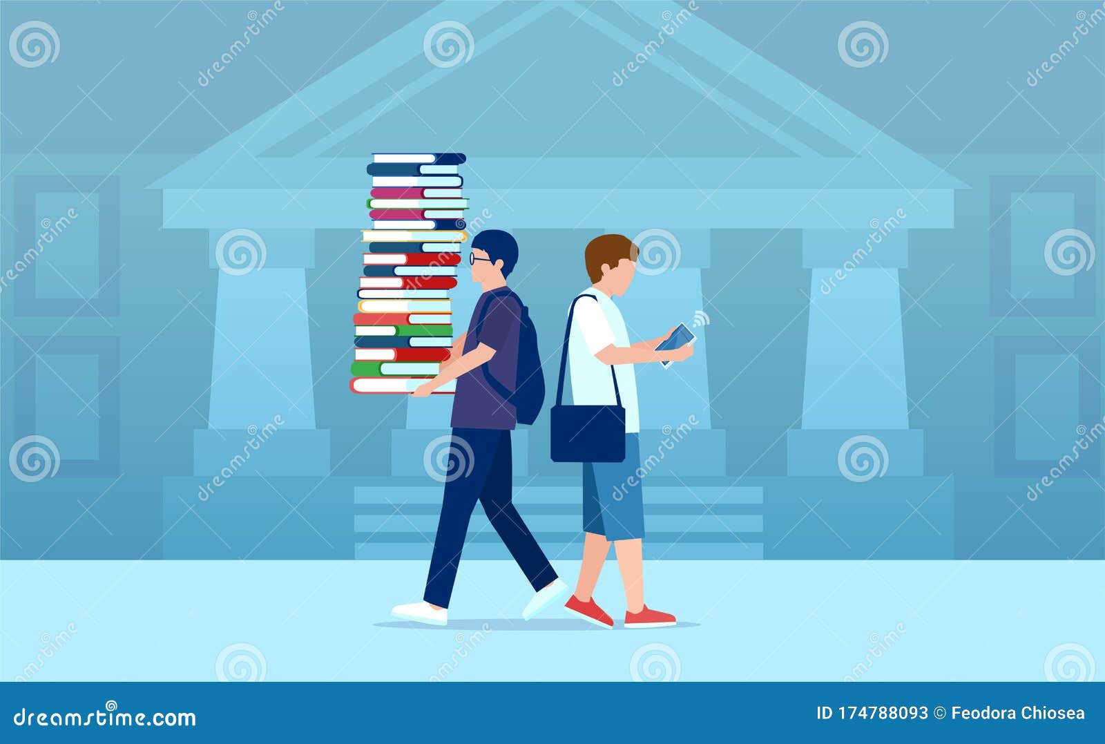 Vector of a Student Holding Pile of Books while Another Tablet Reader ...