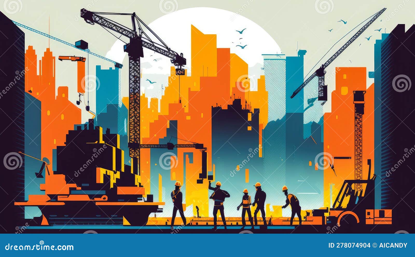 Vector Style Art of a Construction Site with Cranes and Workers in ...