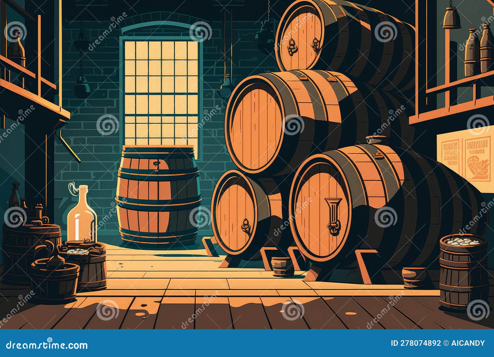 Vector Style Art of a Distillery Interior with Distilled Spirits in ...
