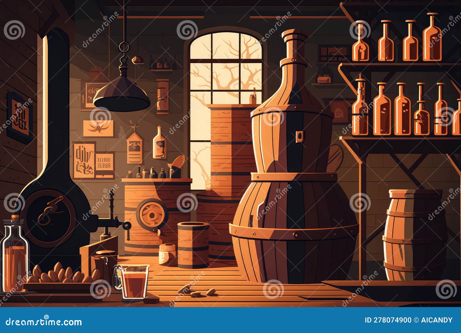 Vector Style Art of a Distillery Interior with Distilled Spirits in ...
