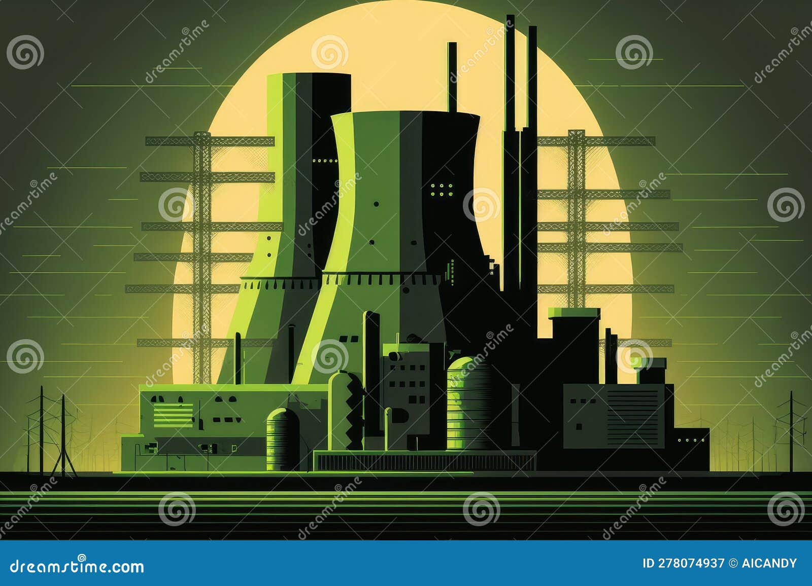 Vector Style Drawing of a Nuclear Power Plant with Reactors and a ...