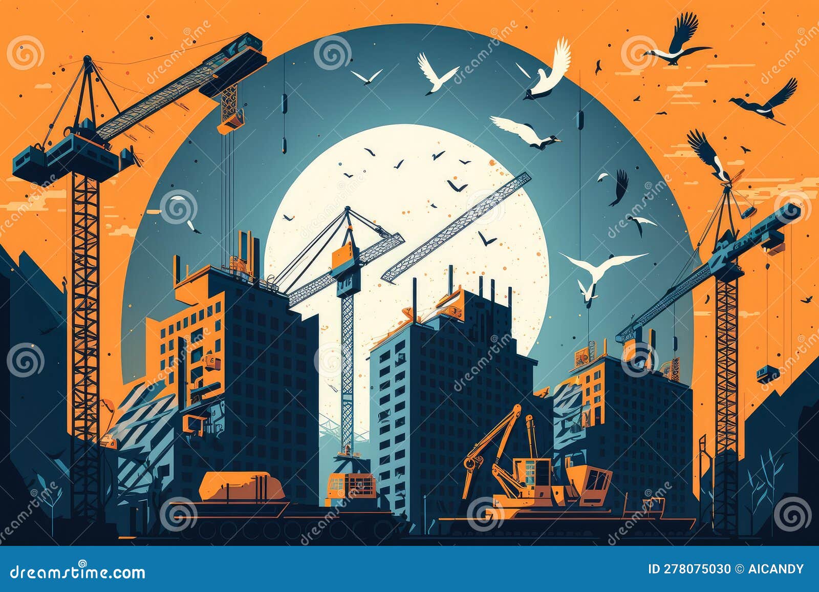 Vector Style Graphic of a Construction Site with Multiple Cranes ...