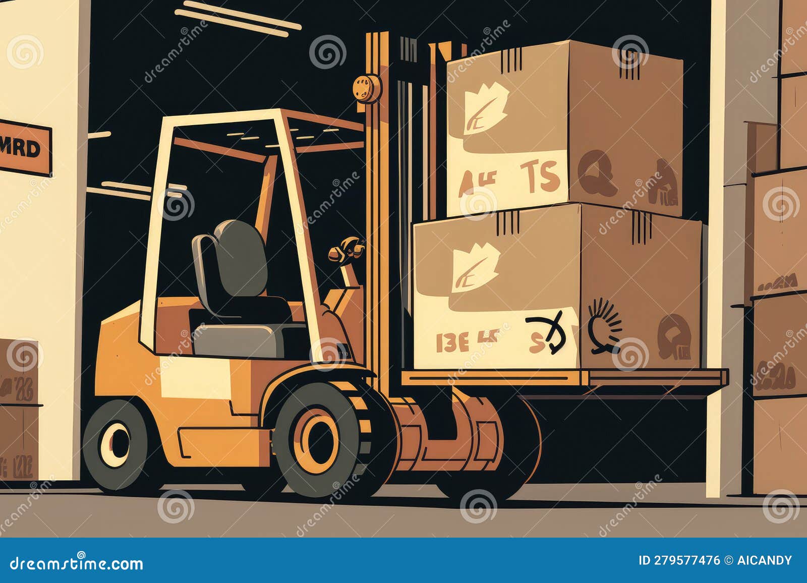 Vector-style Illustration of a Forklift Carrying a Box in a Warehouse ...