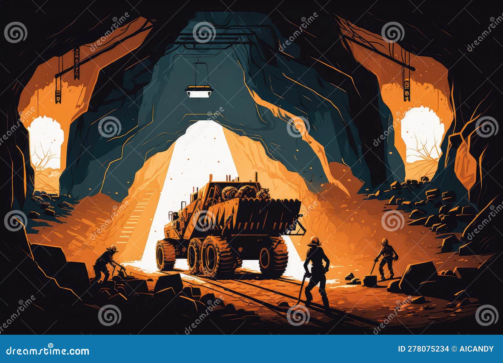 Diggers In Tunnel. Golden Miners Find Minerals And Making Deep Tunnel ...