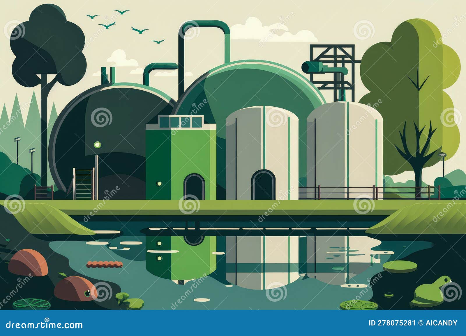 Vector Style Illustration Of A Wastewater Treatment Plant With Various ...