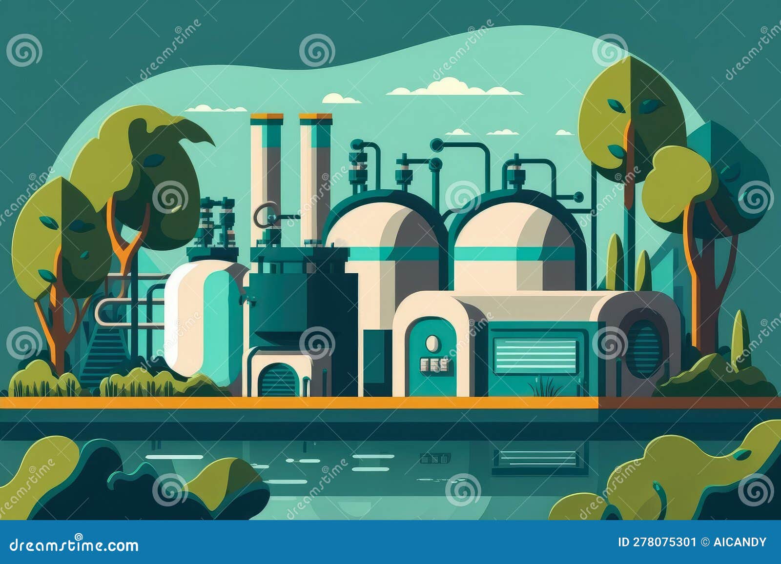Vector Style Illustration of a Wastewater Treatment Plant with Various ...