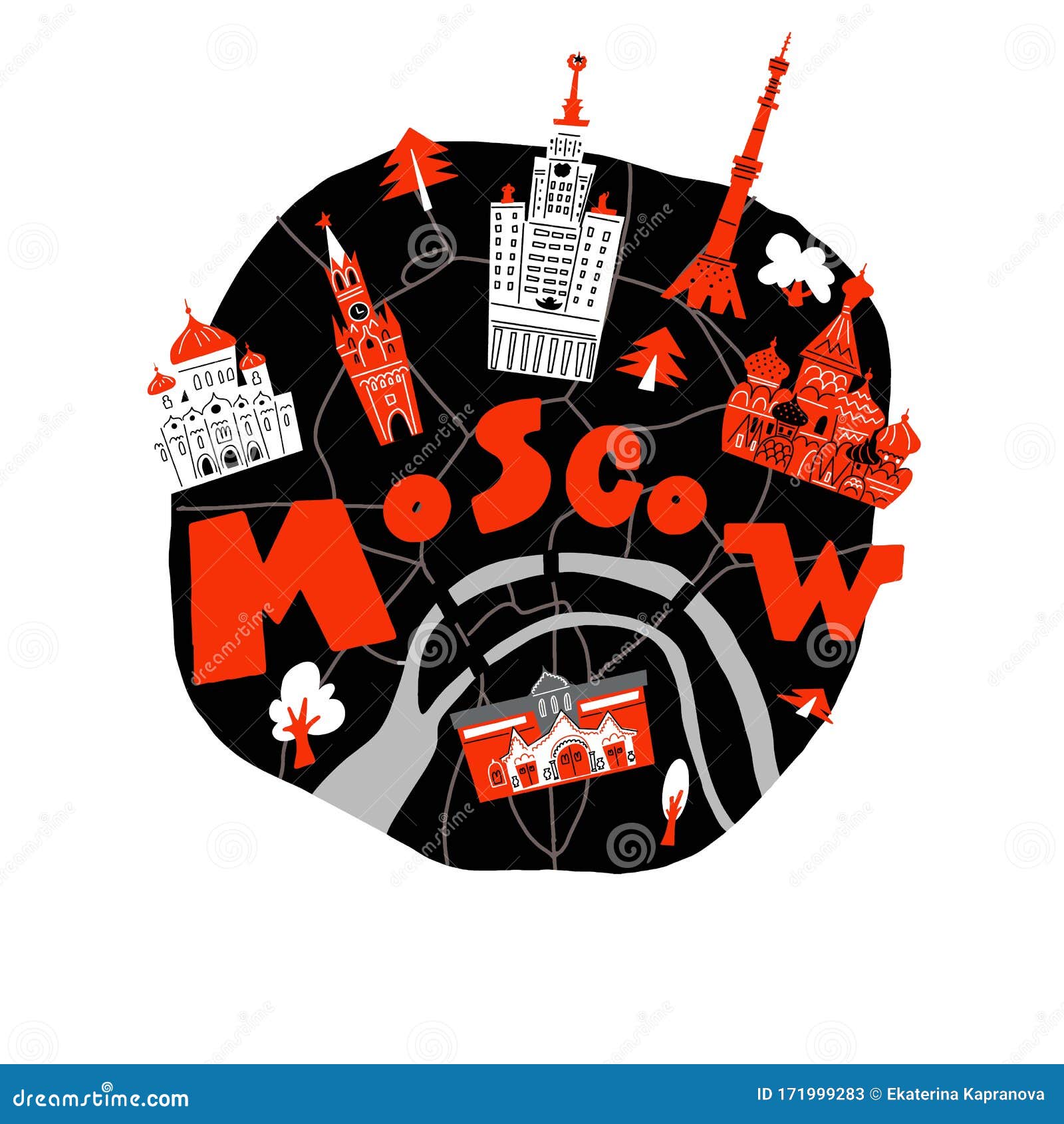Vector Stylized Map of Moscow with Main Attractions. Stock Vector ...