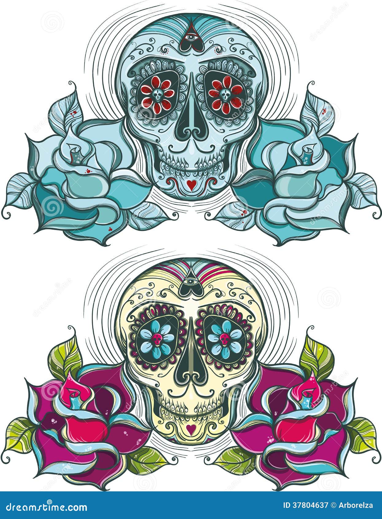 Vector Sugar Skull with Roses. Colorful and Unicolour Stock Vector ...