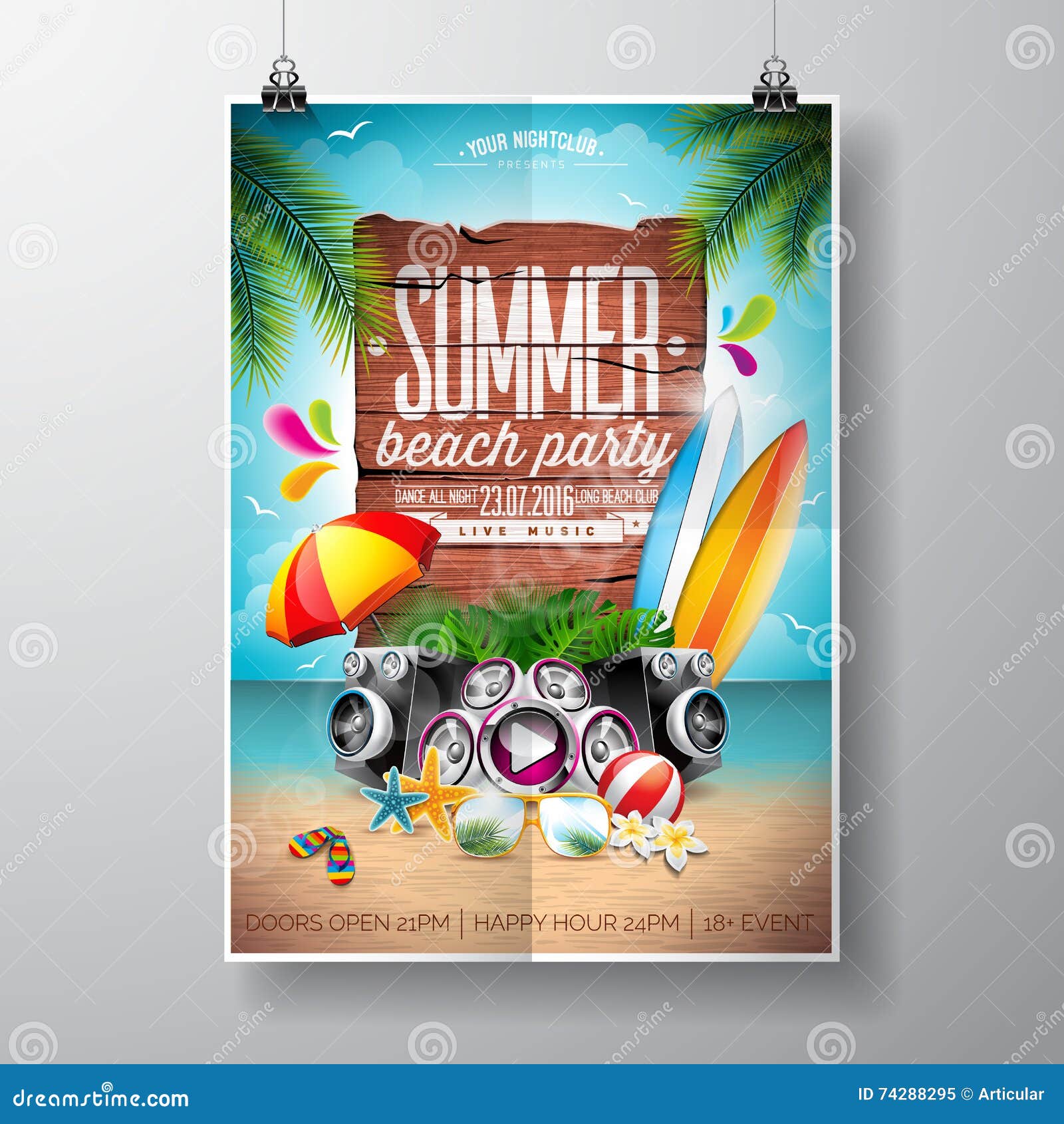 Vector Summer Beach Party Flyer Design With Typographic Elements On