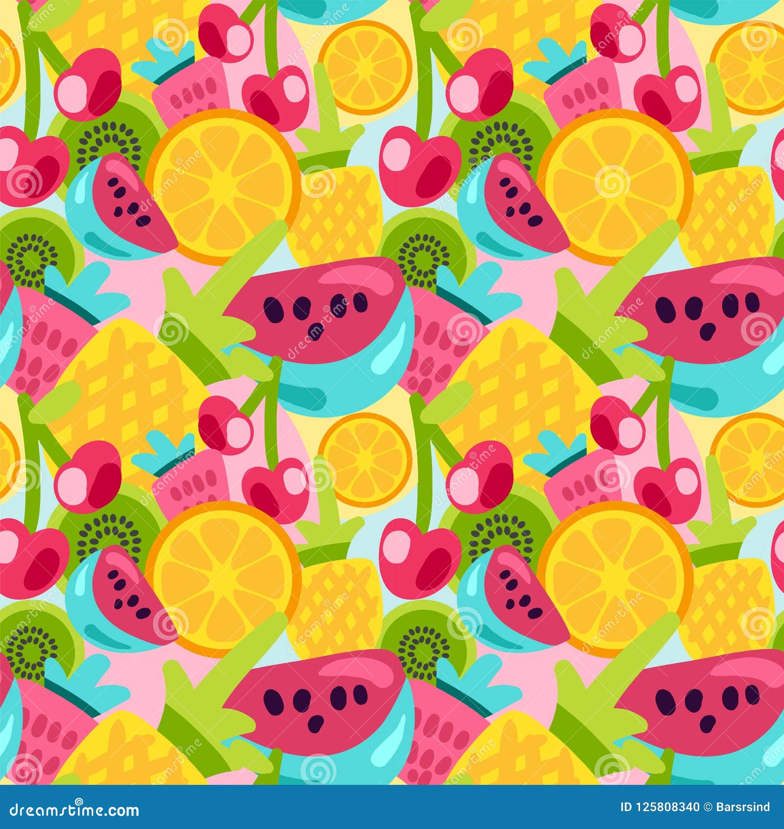 Summer Fruits Patterns in Bright Cartoon Style Stock Illustration ...