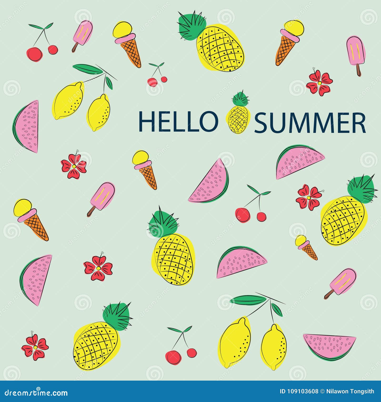 Vector Summer Pattern Background with Fruits and Floral Elemen Stock ...