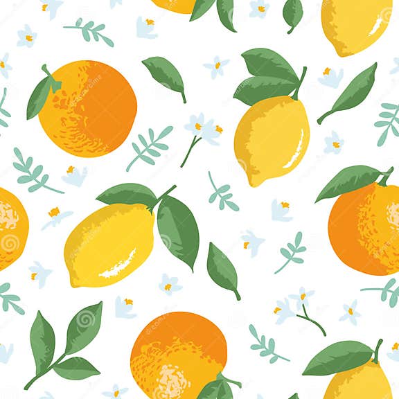 Vector Summer Pattern With Lemons Oranges Flowers And Leaves Stock