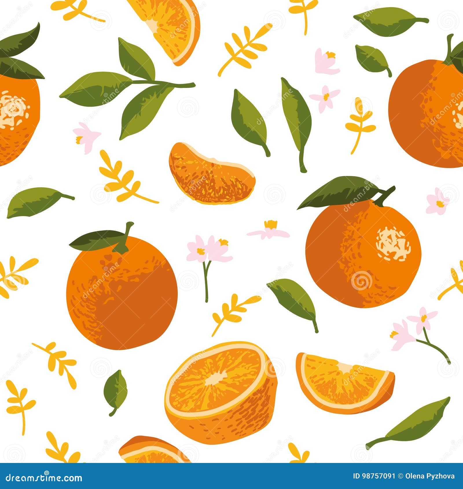 Vector Summer Pattern With Oranges Flowers And Leaves Seamless