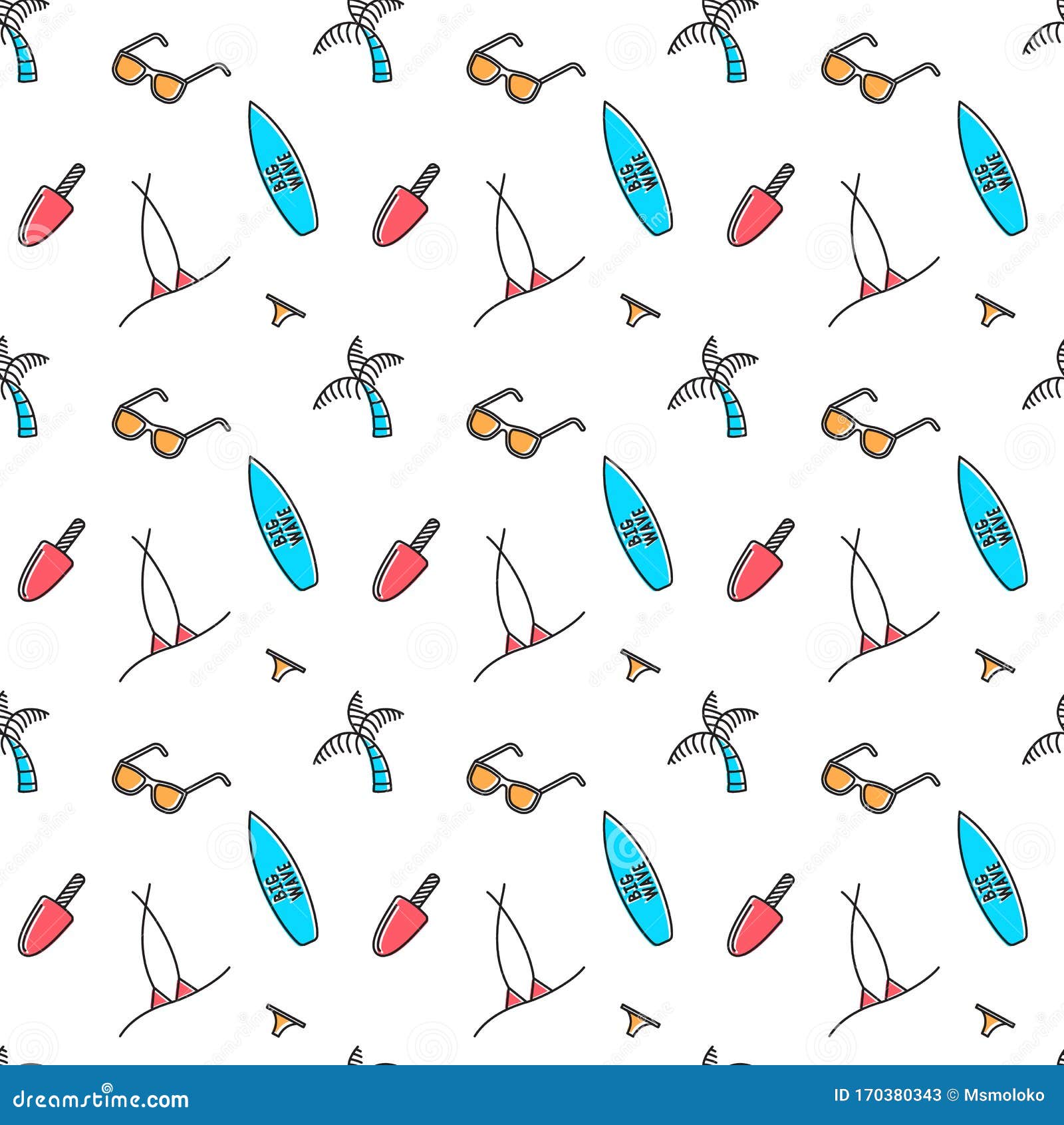 Vector Line Art Summer Seamless Beach Pattern. Seamless Fabric or ...