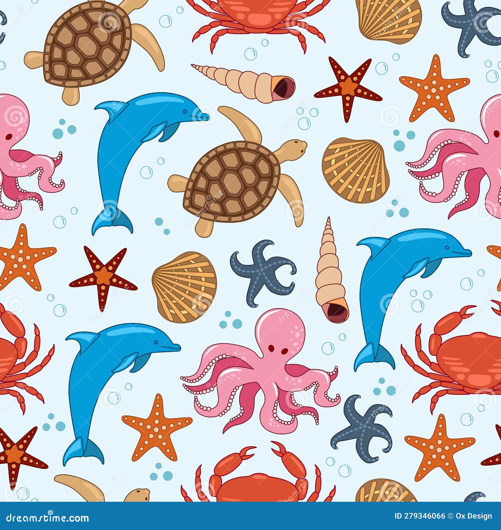 Vector Summer Seamless Pattern with Dolphins, Crab, Shells, Dolphins ...