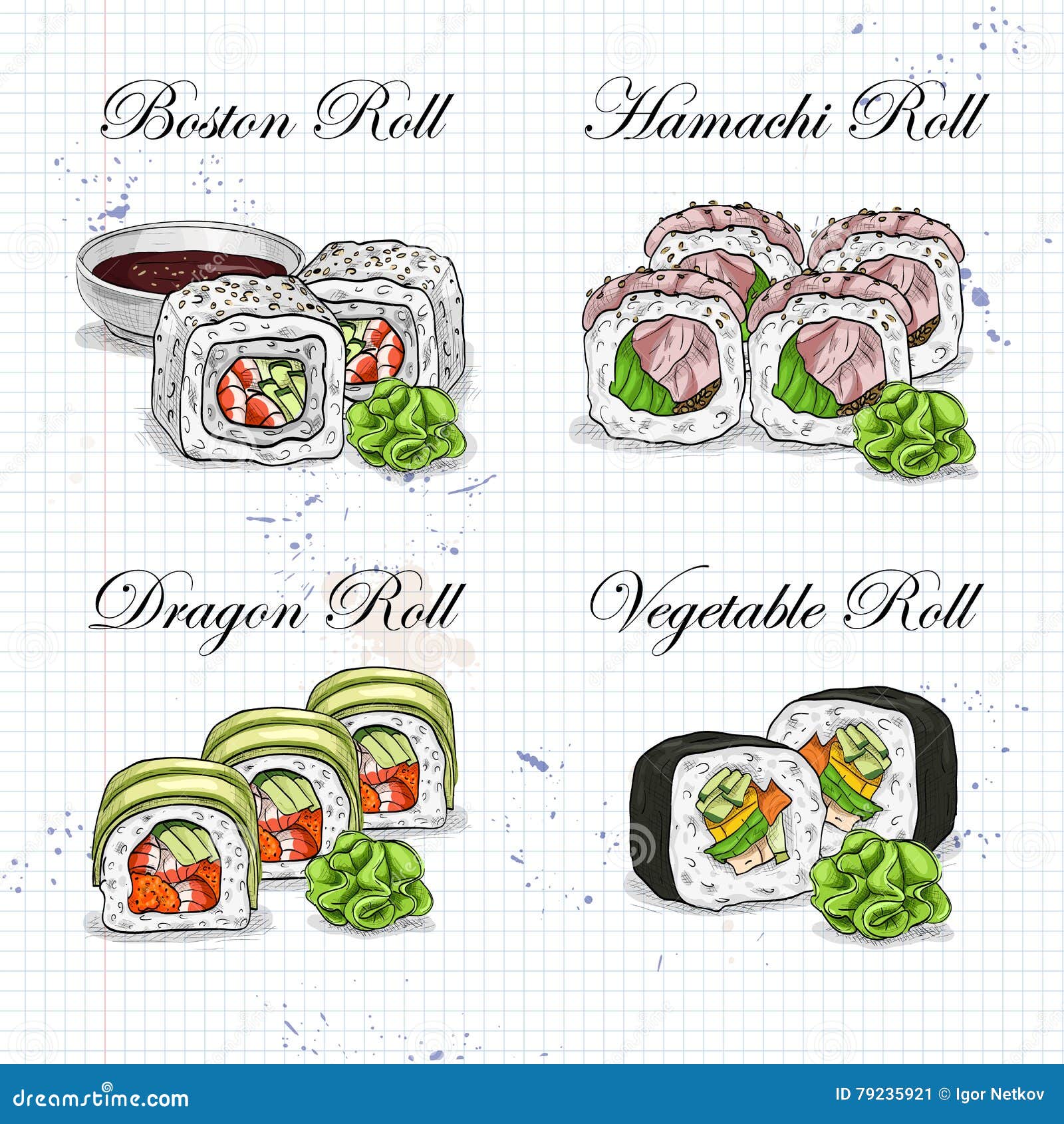Vector Sushi Color Sketch, Set Stock Vector - Illustration of food ...