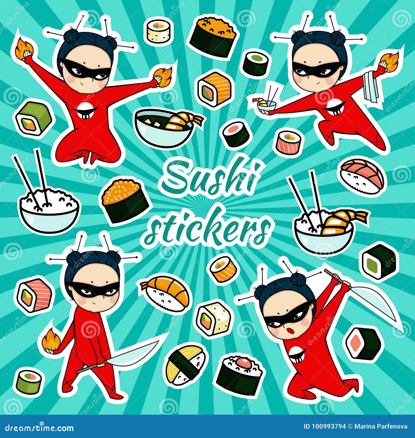 Vector sushi stickers stock vector. Illustration of food - 100993794
