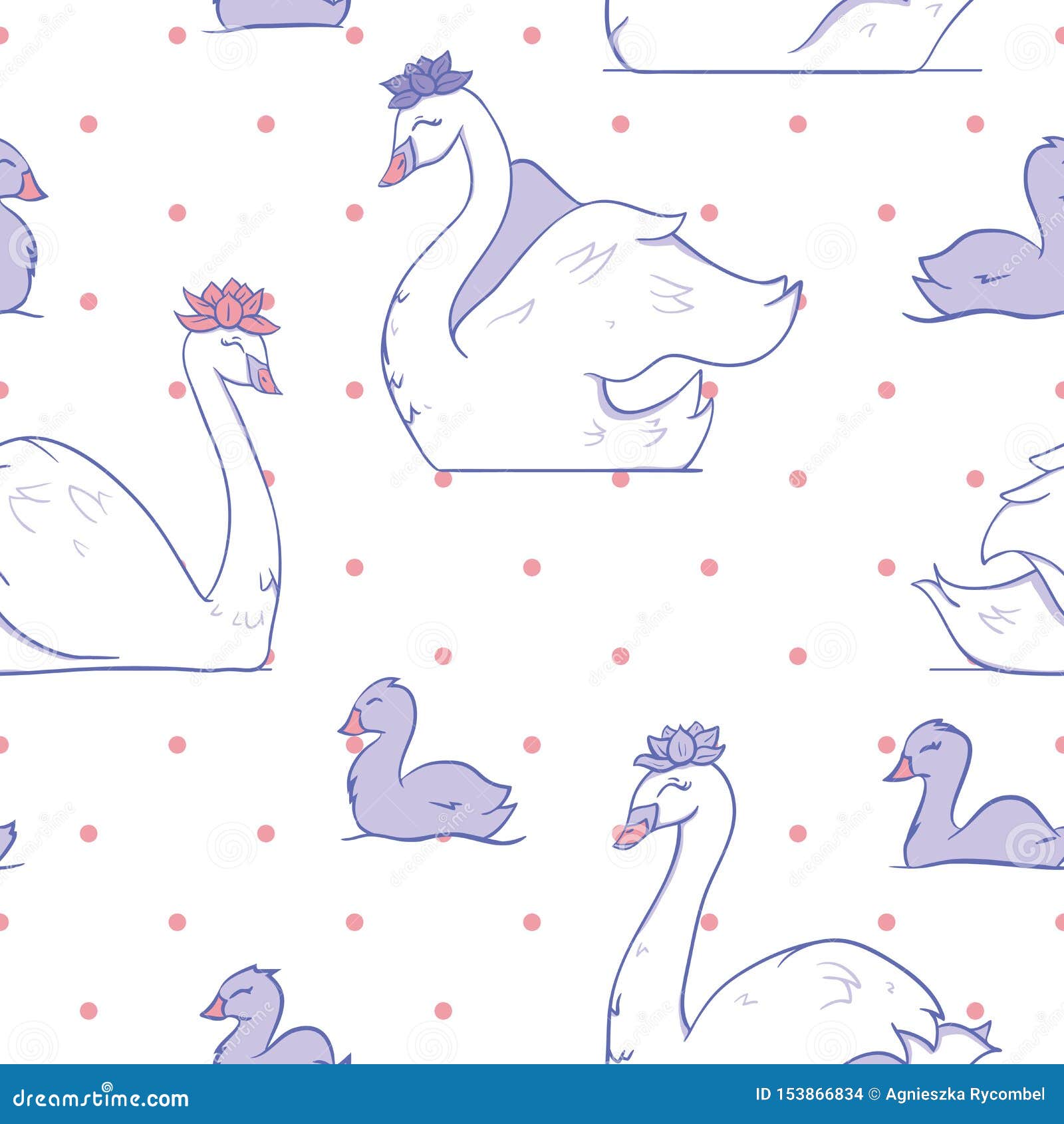 Vector Swan Pond with Pink Dots Seamless Pattern Background. Stock ...