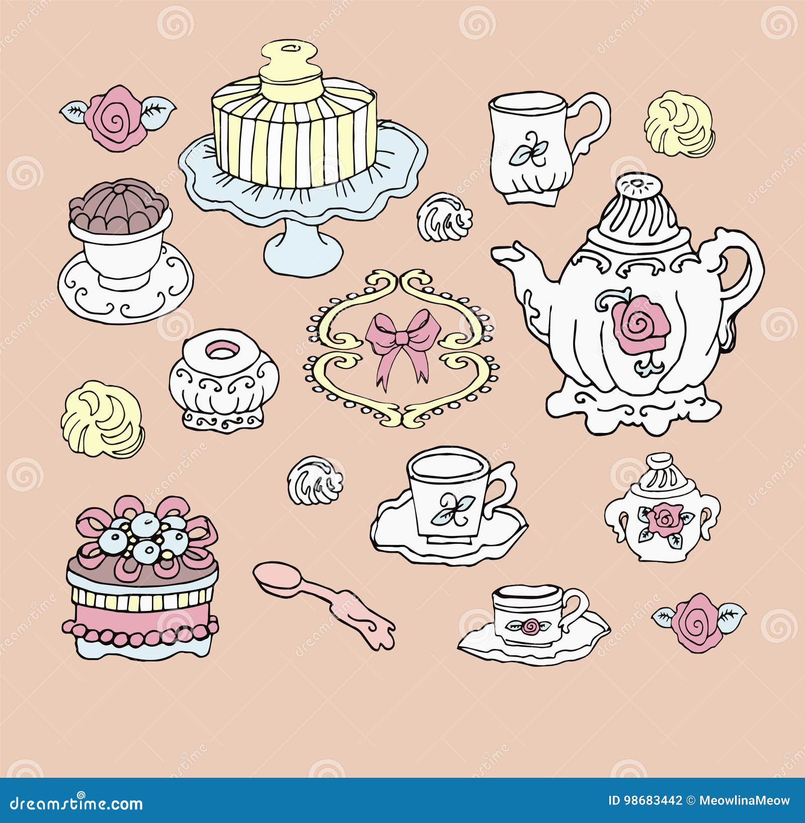 Vector Tea Party Set. Cute Design Elements Stock Vector - Illustration ...