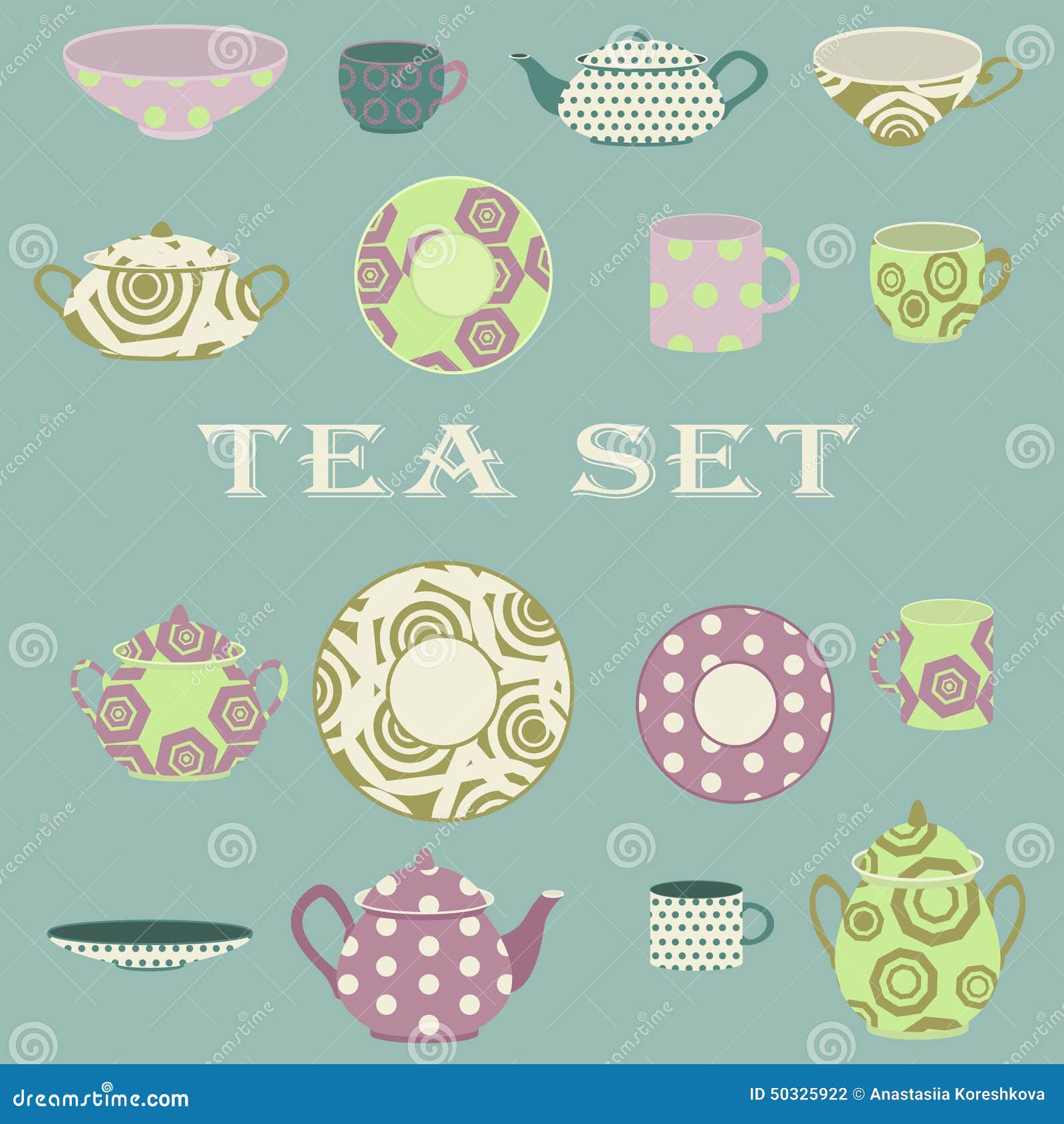 Vector Tea Set on Blue Background Stock Vector - Illustration of ...