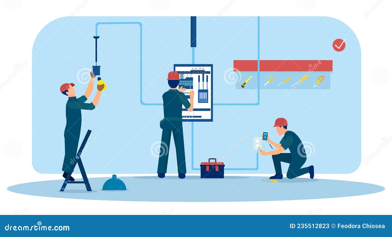 Vector of a Team of Electricians Men Working at a New Home Checking the ...