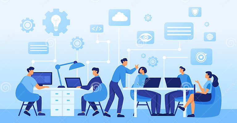 Vector of a Team of People Working on a New Project in an Open Space Office Stock Illustration ...