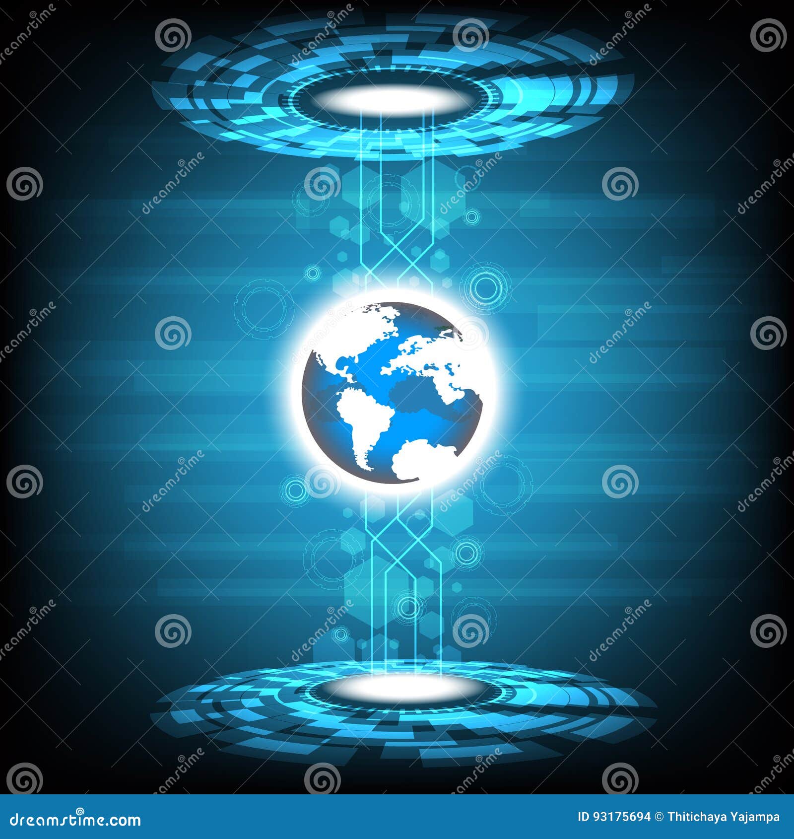 Vector Tech Circle and Earth Globe Design on Blue Background. Stock ...