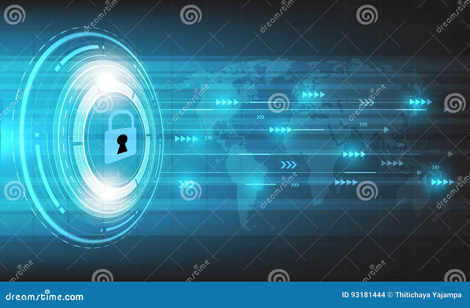 Vector Tech Circle and World Map on Blue Background.security Mechanism ...