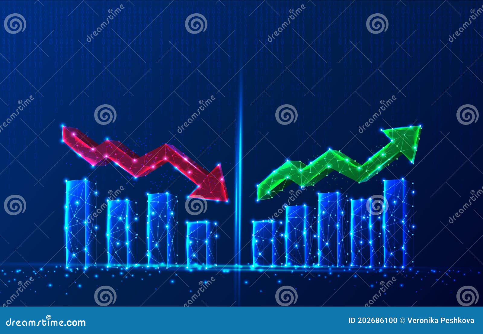 Vector Tech Polygonal Growth Chart with Going Down Red Arrow and Going ...