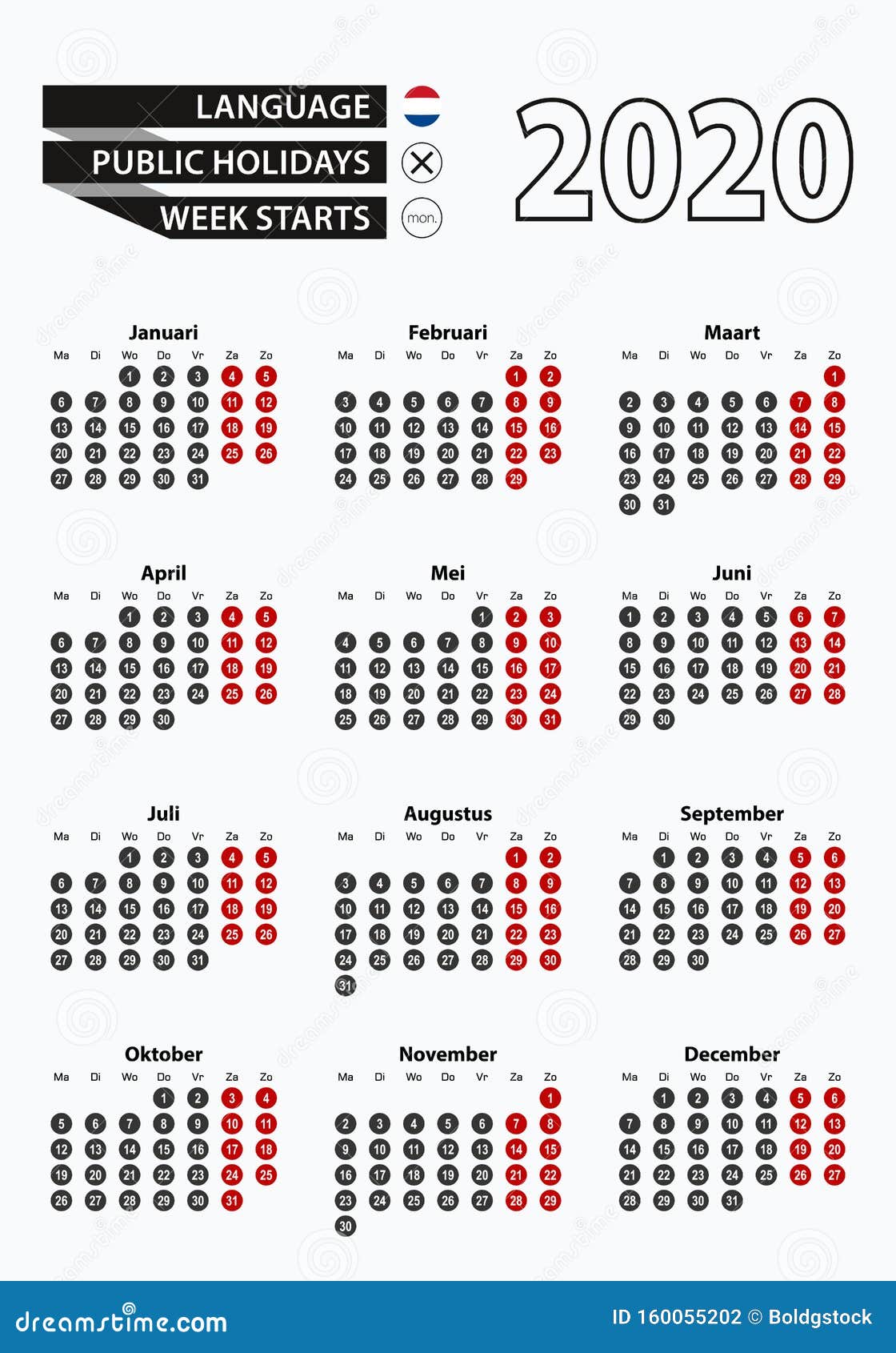 Vector Template Calendar 2020 with Number in Circles, Simple Dutch ...