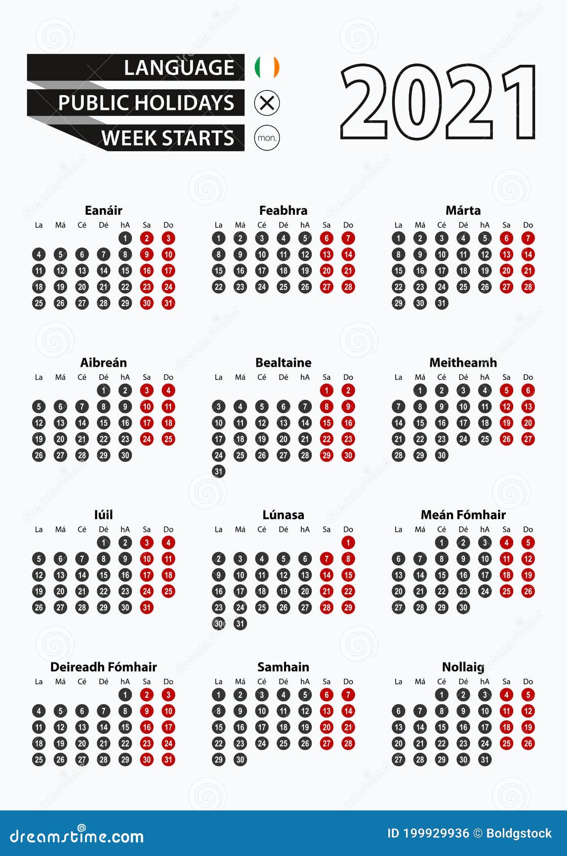 Vector Template Calendar 2021 with Number in Circles, Simple Irish ...