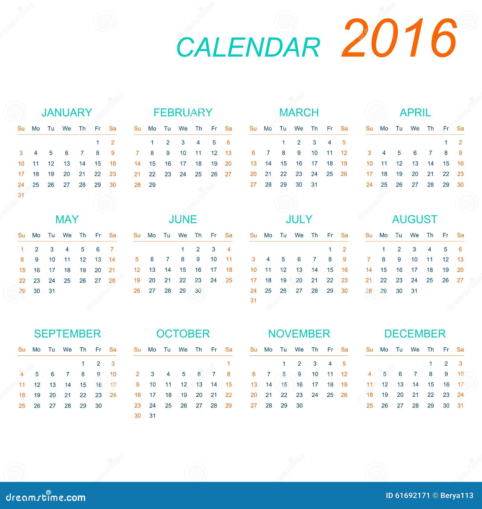 Vector Template Calendar 2016 . Week Starts with Sunday Stock Vector ...