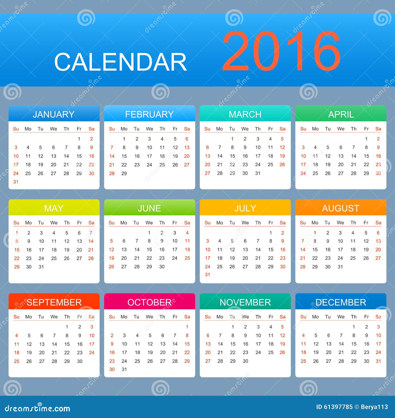 Vector Template Calendar 2016 Years. Week Starts with Sunday Stock ...