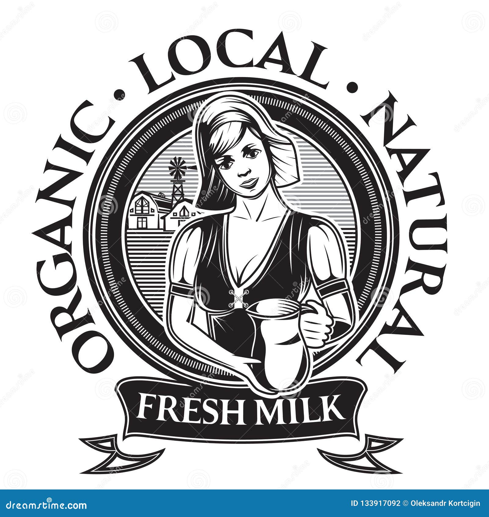 Young Milkmaid In Uniform Sitting On Chair And Milking Cow Into Bucket ...