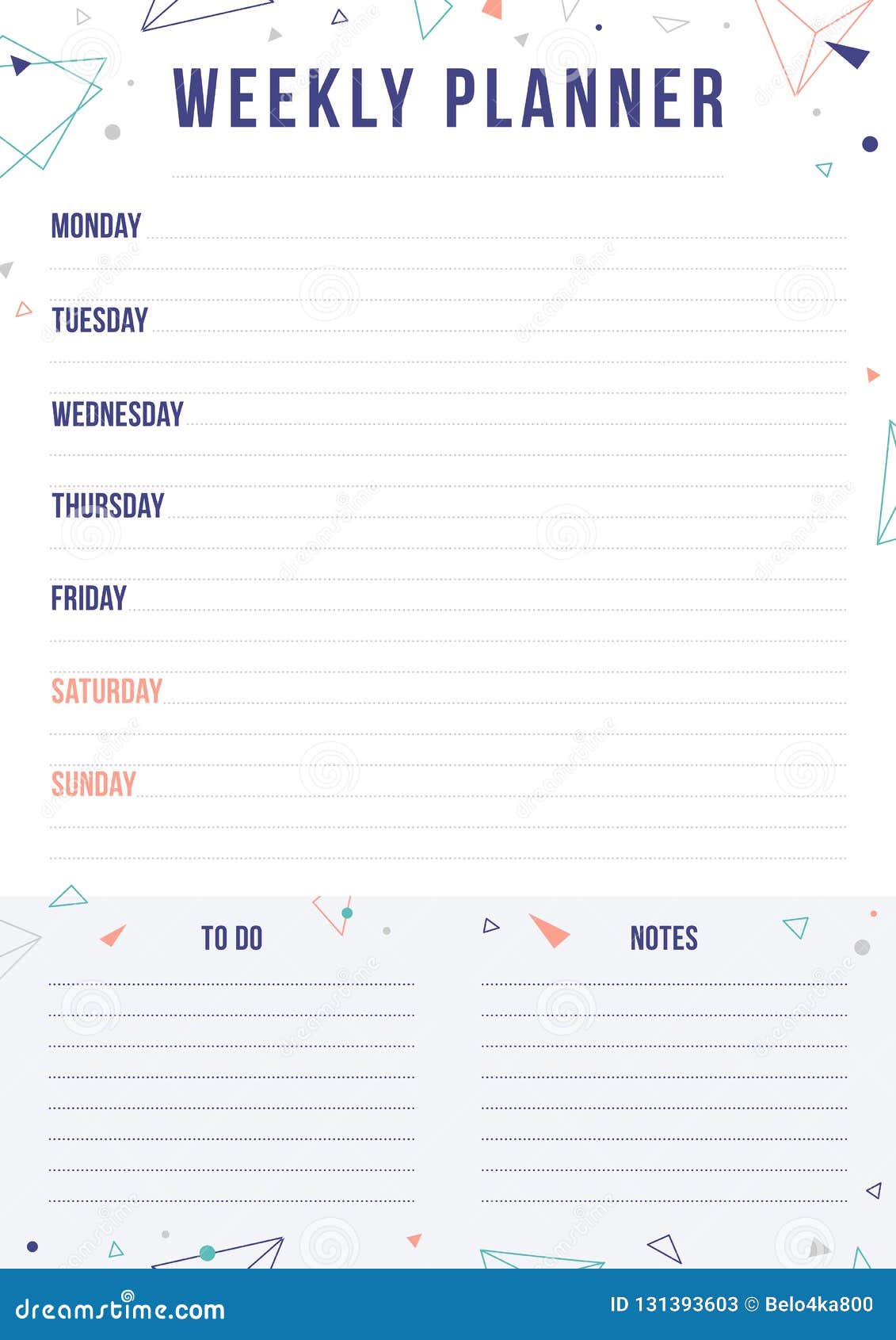 Weekly Planner Page with Place for Notes. Stock Vector - Illustration ...