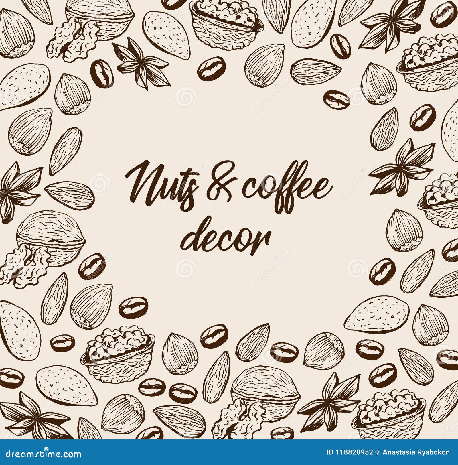 Vector Template with Ink Sketch Nuts and Coffee Beans Background Stock ...