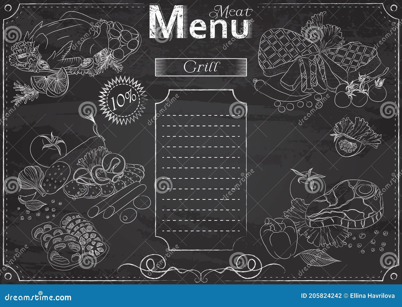 Meat menu chalk stock vector. Illustration of graphic - 205824242