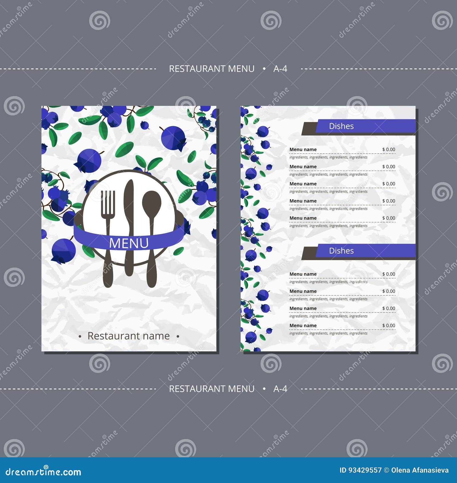 Vector Template Restaurant Menu with Blueberries and Leaves Stock ...