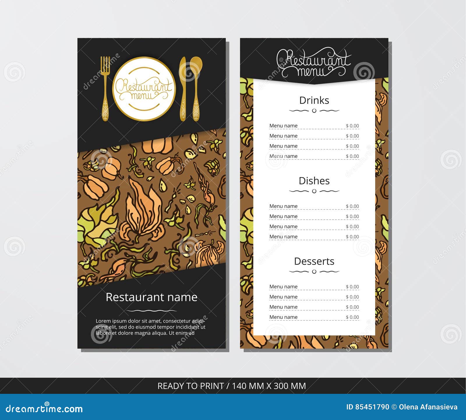 Vector Template Restaurant Menu with Gold Cutlery and Pattern Pumpkins ...