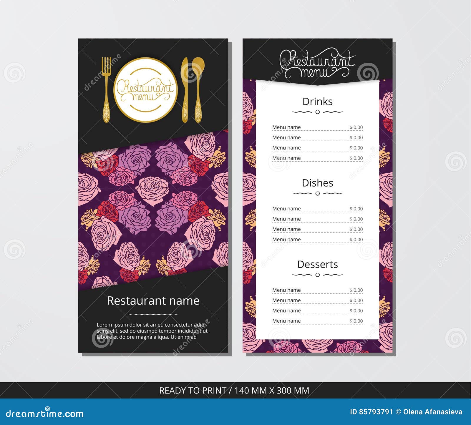 Vector Template Restaurant Menu with Gold Cutlery and Pattern Romantic ...