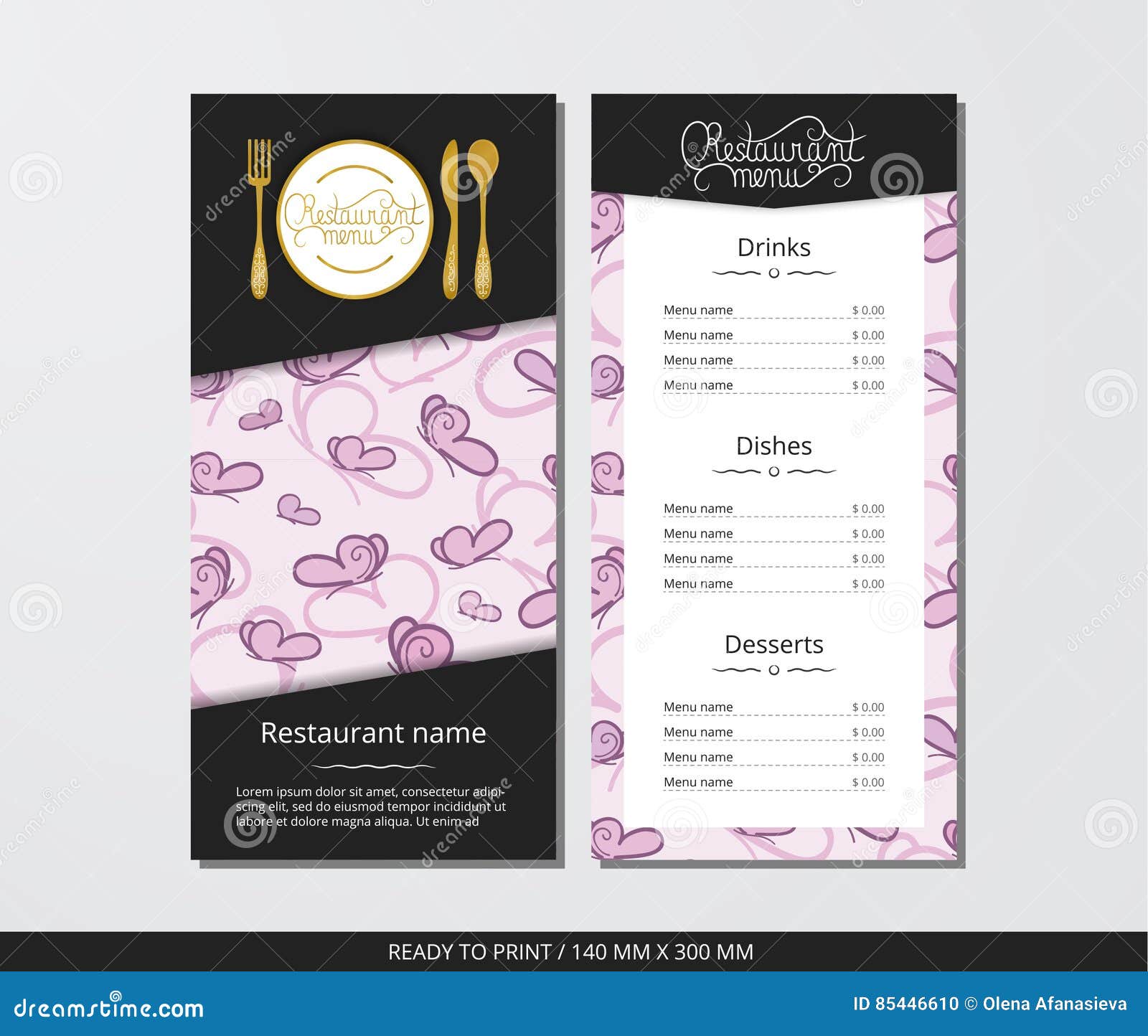 Vector Template Restaurant Menu with Gold Cutlery and Pink Butterfly ...