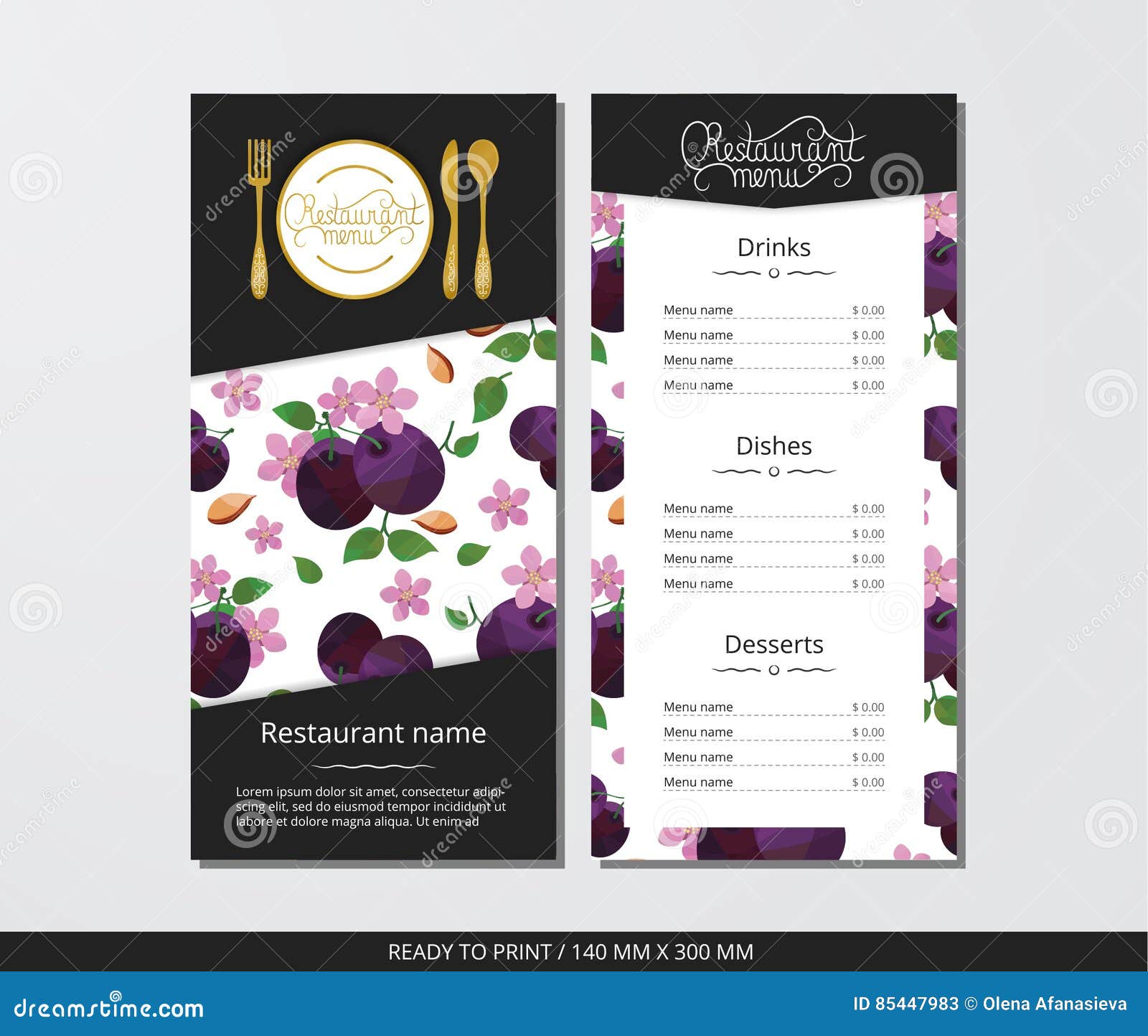 Vector Template Restaurant Menu with Gold Cutlery and Plum Blossom ...
