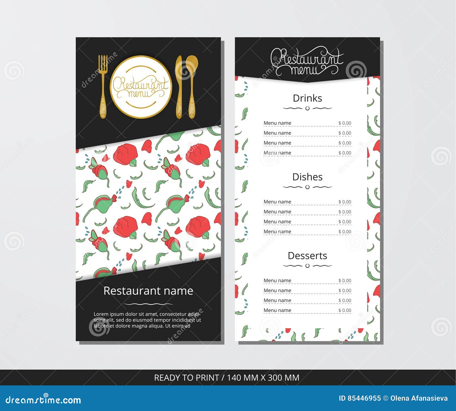 Vector Template Restaurant Menu with Gold Cutlery and Red Poppy Stock ...
